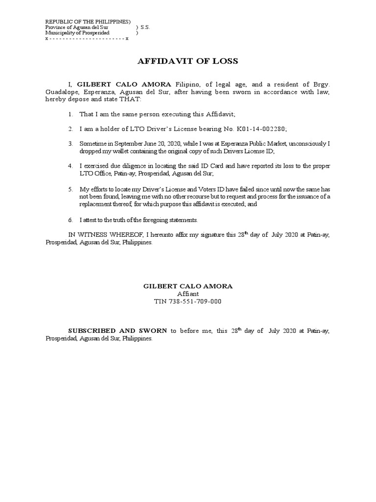 Affidavit of Loss: Gilbert Calo Amora | PDF | Politics | Law