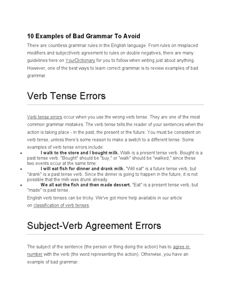 Verb Tense Errors: 10 Examples of Bad Grammar To Avoid | PDF | Verb ...