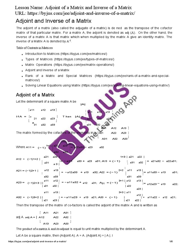 Adjoint and Inverse of A Matrix | PDF | Matrix (Mathematics) | Linear ...