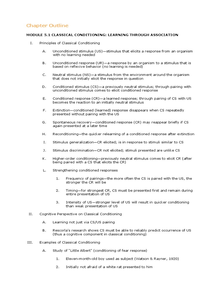 Chapter Outline: Module 5.1 Classical Conditioning: Learning Through Association | PDF ...