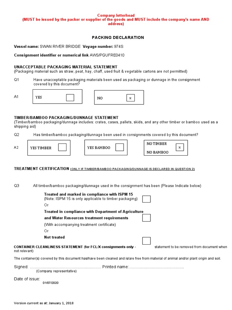 Packing Declaration FCL LCL | PDF | Packaging And Labeling | Freight ...