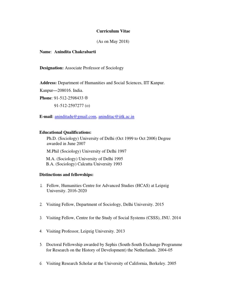 CV Anindita Chakrabarti 29-05-18 PDF | PDF | Sociology | Academia