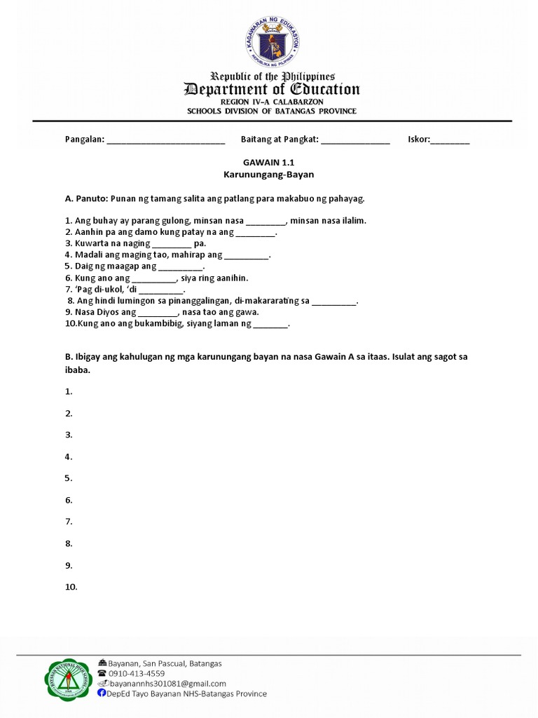 Grade 8 Filipino Week 1 Worksheets | PDF
