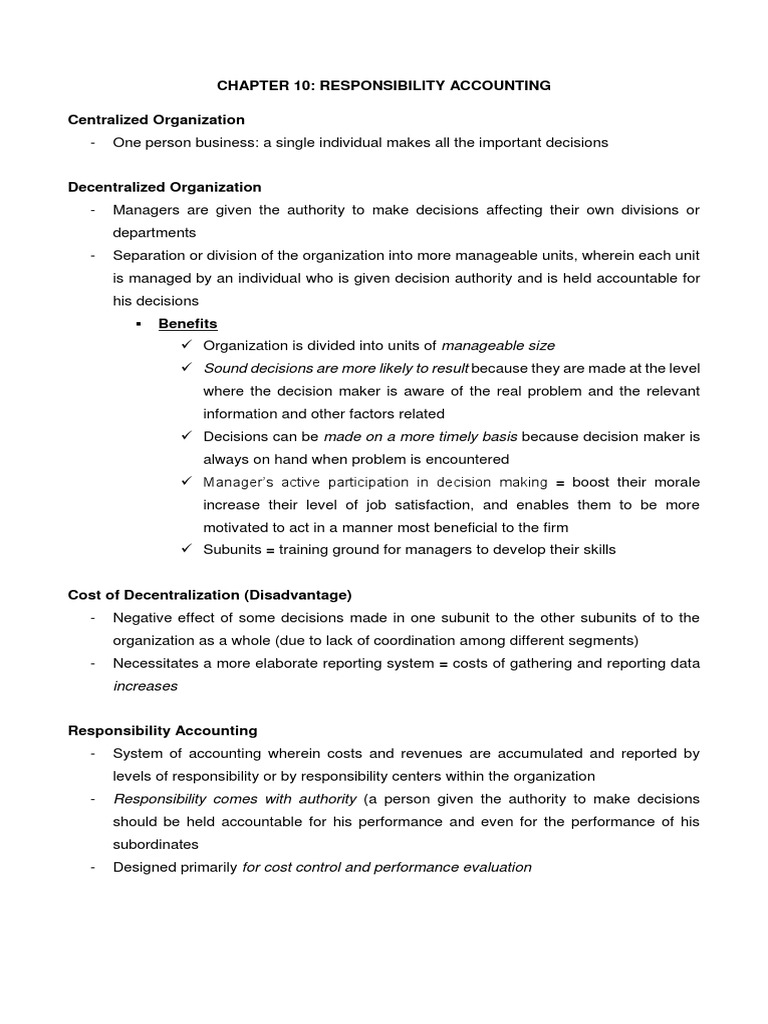 Chapter 10: Responsibility Accounting Centralized Organization | PDF ...