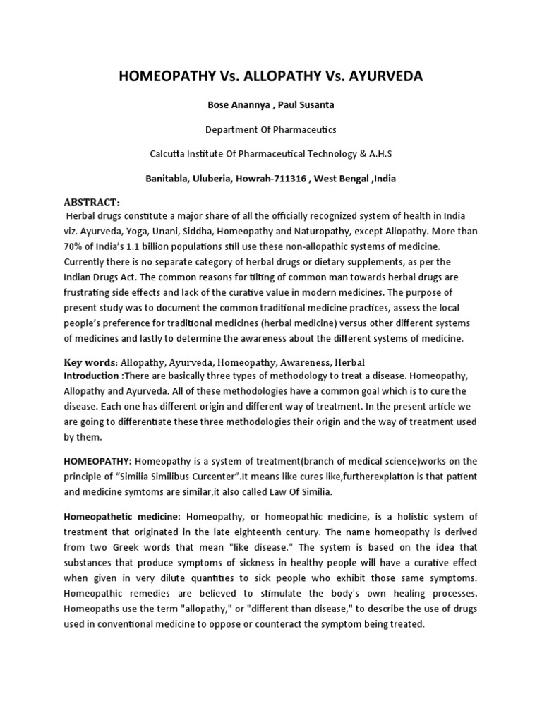 HOMEOPATHY vs. ALLOPATHY vs. AYURVEDA | PDF | Ayurveda | Homeopathy