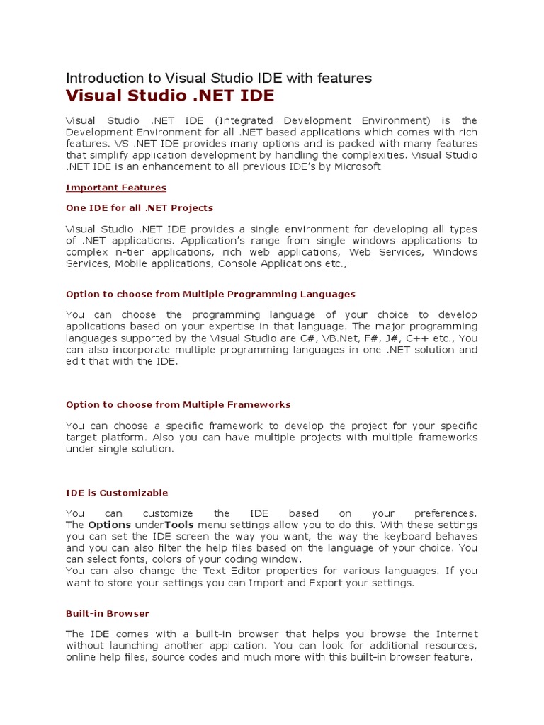 Visual Studio IDE Features | PDF | Microsoft Visual Studio | Integrated ...