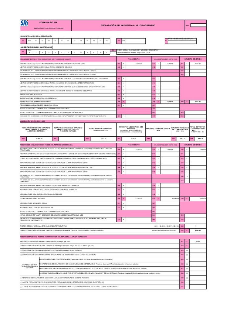 Formulario 104 LLENADO | PDF | Impuesto al valor agregado | Servicios ...