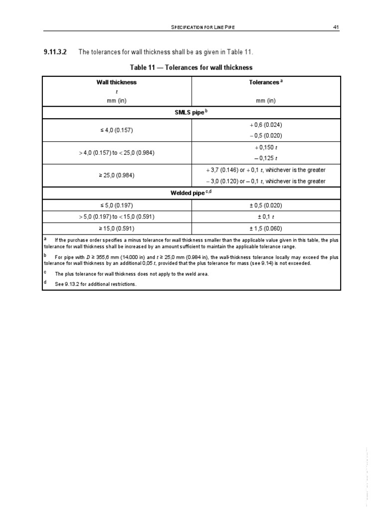 Table 11 of API 5L | PDF | Engineering Tolerance | Pipe (Fluid Conveyance)