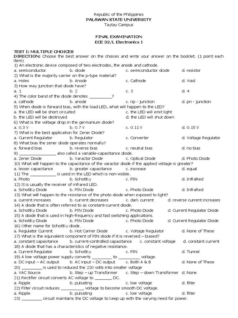 Exam - Electronics I | PDF | Diode | Rectifier