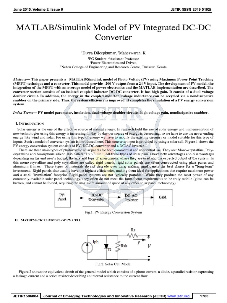 MATLAB/Simulink Model of PV Integrated DC-DC Converter: Divya ...