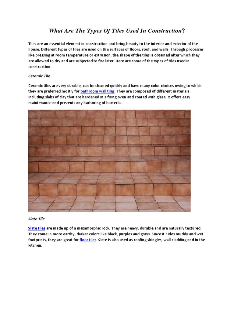 What Are The Types of Tiles Used in Construction?: Ceramic Tile | PDF