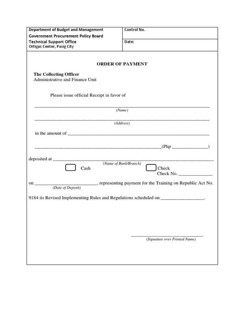 Order of Payment The Collecting Officer: Department of Budget and ...