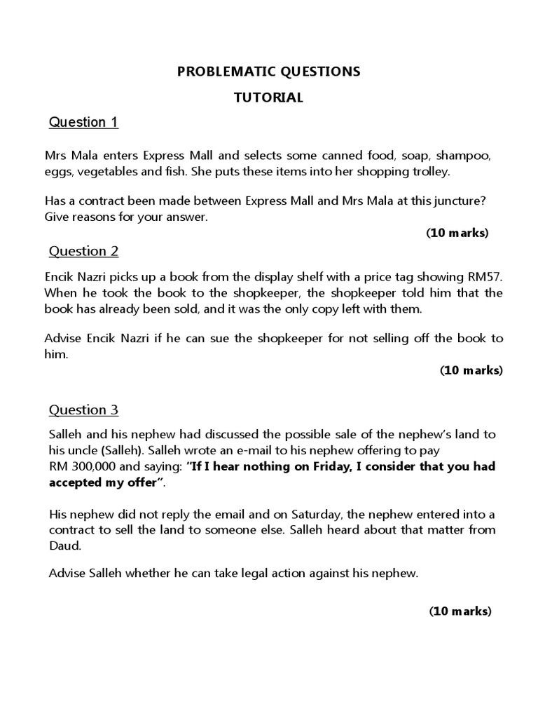 Problematic Questions Tutorial: (10 Marks) | PDF | Offer And Acceptance ...