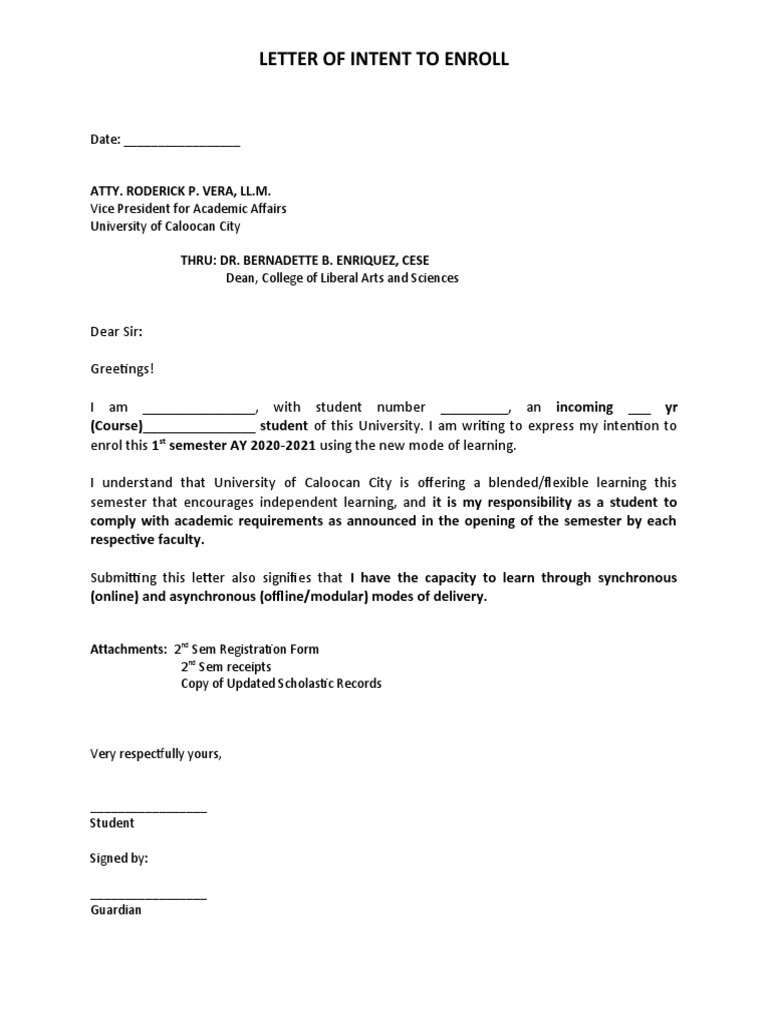 Letter of Intent To Enroll: Atty. Roderick P. Vera, LL.M | PDF