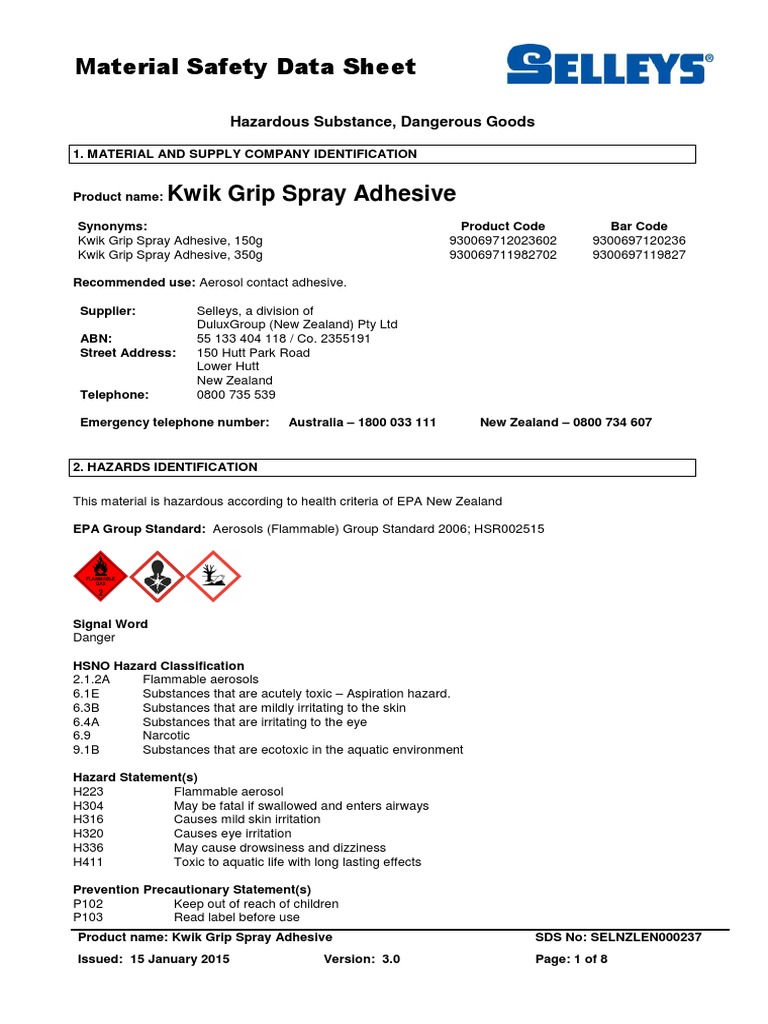 Kwik Grip Spray Adhesive: Material Safety Data Sheet | PDF | Dangerous ...