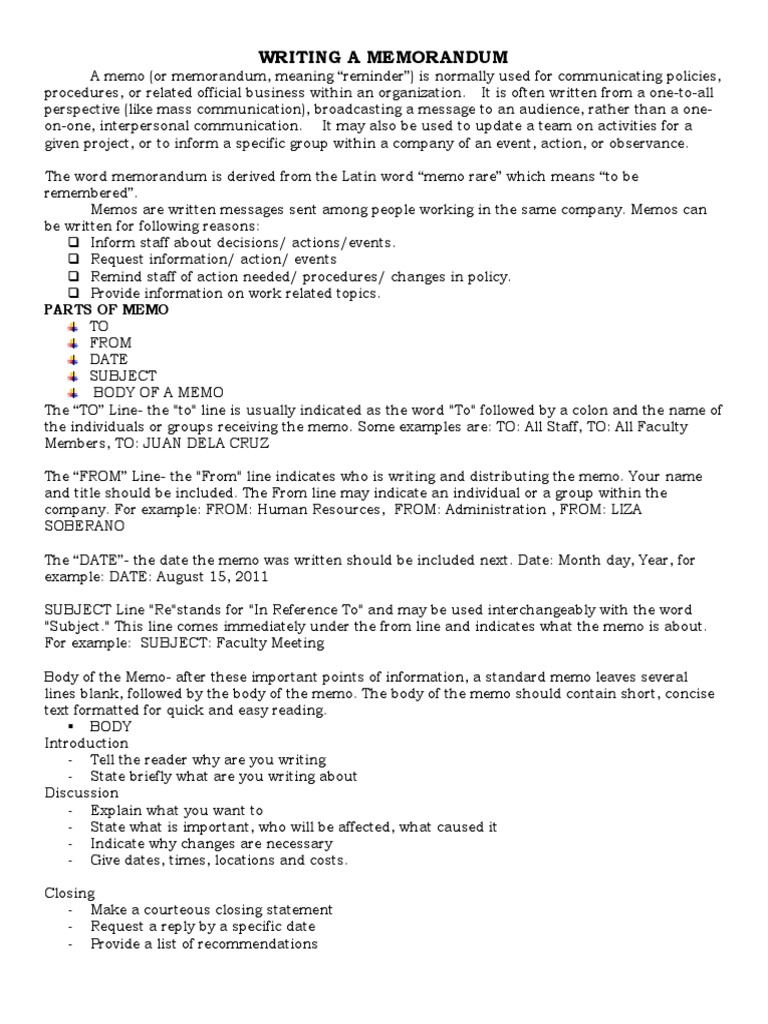Writing A Memorandum: Parts of Memo | PDF | Memorandum | Communication