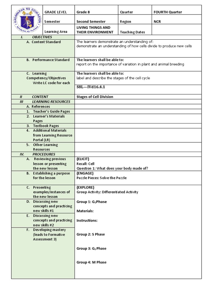 Grade 8 Cell Division Lesson Plan | PDF | Applied Psychology | Learning