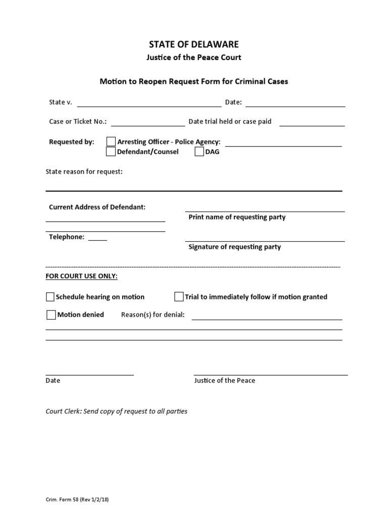 Crim Form 58 Motion To Reopen Request Form (Fill-In) | PDF