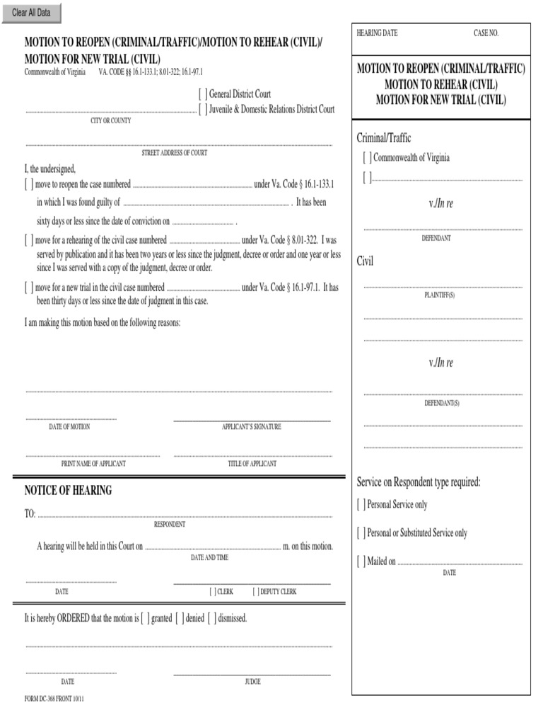 Motion To Reopen (Criminal/Traffic) /motion To Rehear (Civil) / Motion ...