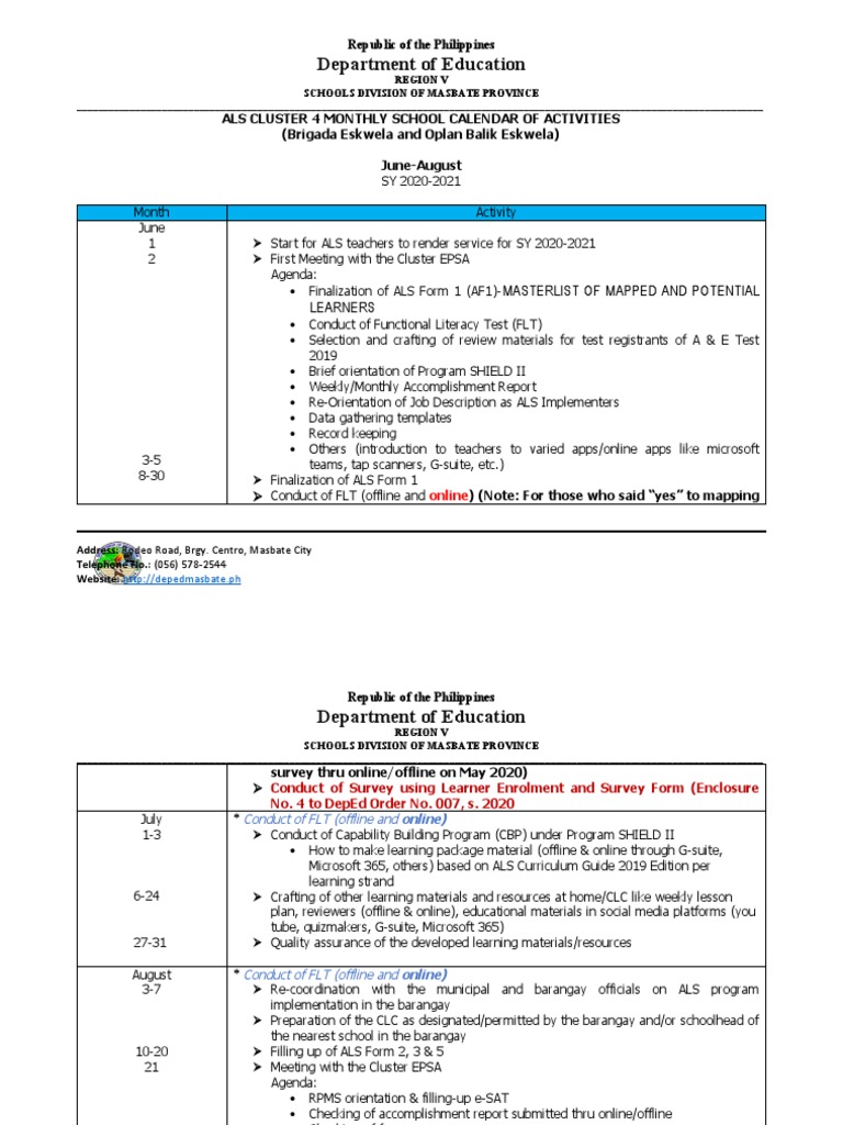 Als C4 Calendar of Activities | PDF | Learning | Behavior Modification