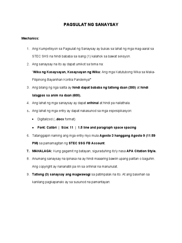 Pagsulat NG Sanaysay Mechanics at Pamantayan | PDF