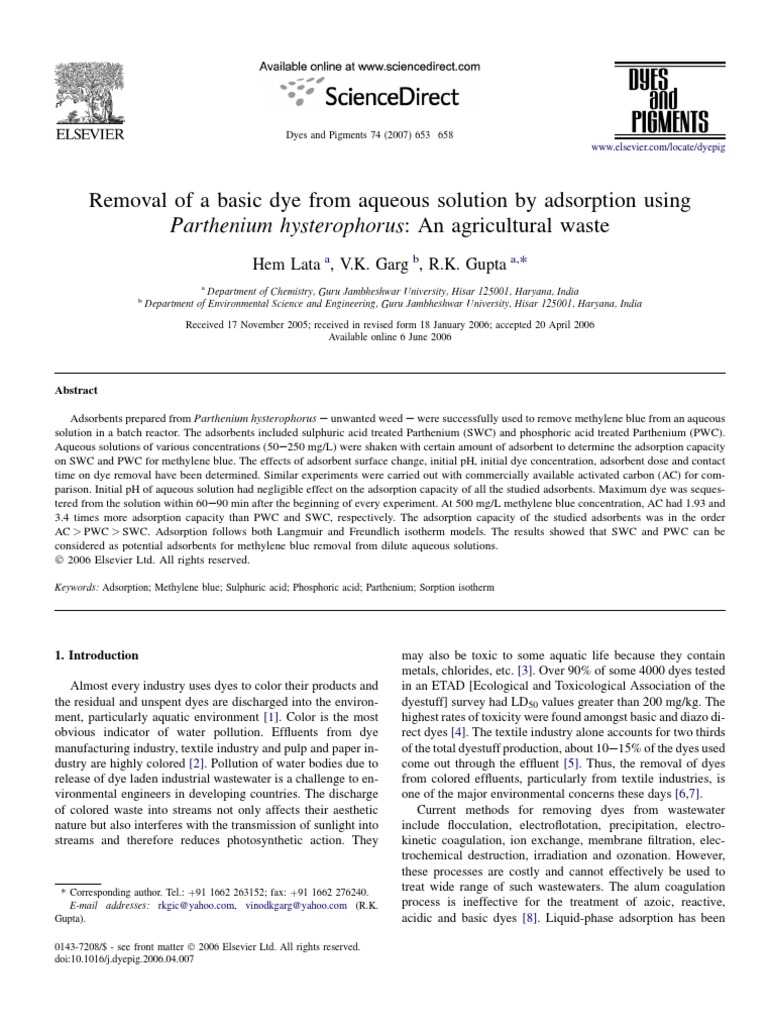 Removal of A Basic Dye From Aqueous Solution by Adsorption Using | PDF ...