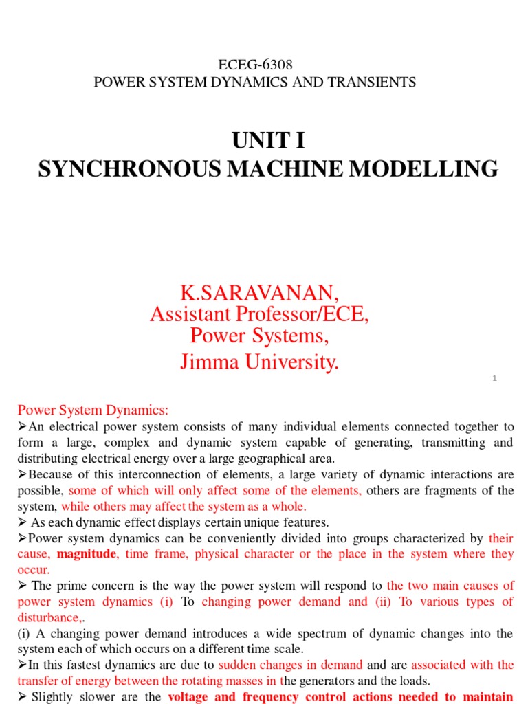 Unit I Synchronous Machine Modelling: K.Saravanan, Assistant Professor/ECE, Power Systems, Jimma ...