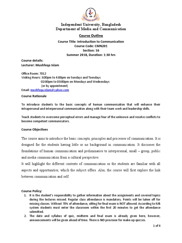 CMN 201 Course Outline | PDF | Nonverbal Communication | Academic ...