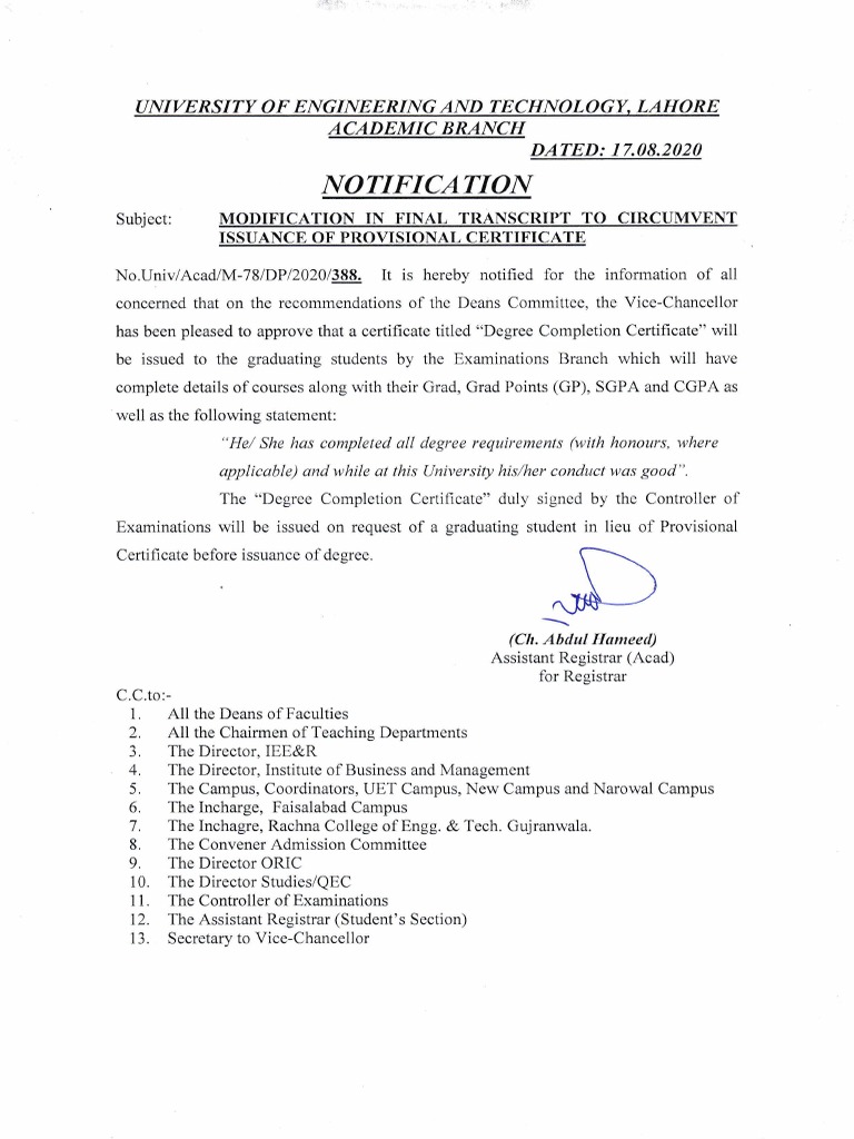Notification (Modification in Final Transcript To Circumvent Issuance ...