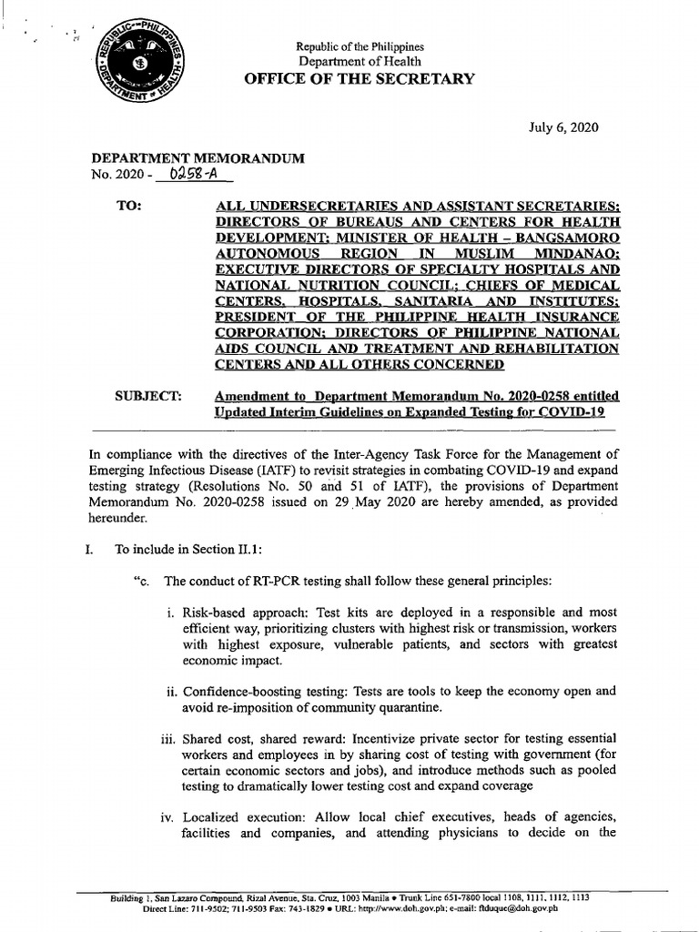 Amendment to DOH Memo 2020-0258 | PDF | Health Professional | Infection ...