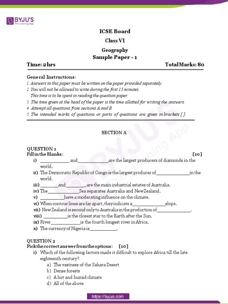 ICSE Class 6 Geography Sample Paper Set 1 | PDF | Longitude | Earth