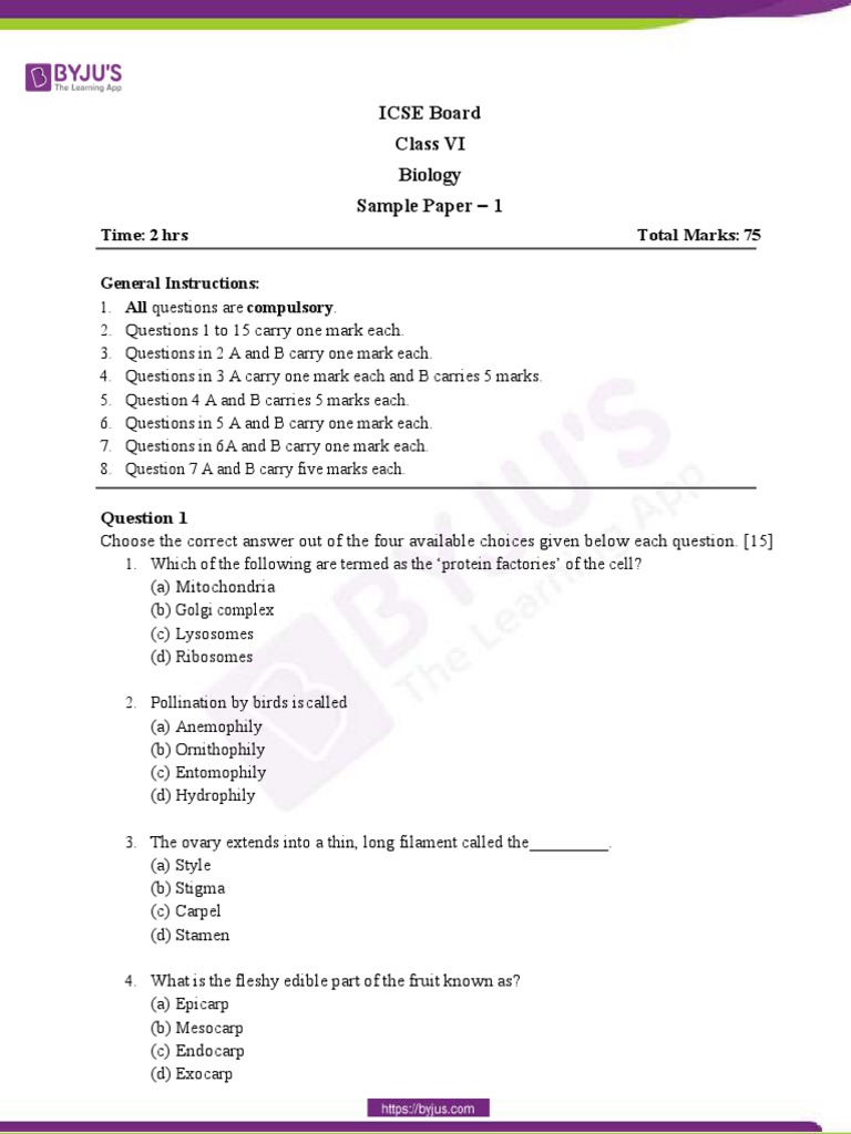 ICSE Class 6 Biology Sample Paper Set 1 | PDF | Organisms | Anatomy