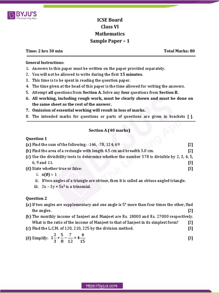 Mathematics Sample Paper for Class VI of the ICSE Board: Analysis of ...