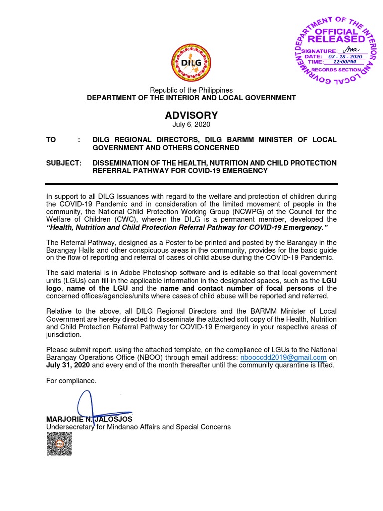 Advisory: "Health, Nutrition and Child Protection Referral Pathway For ...