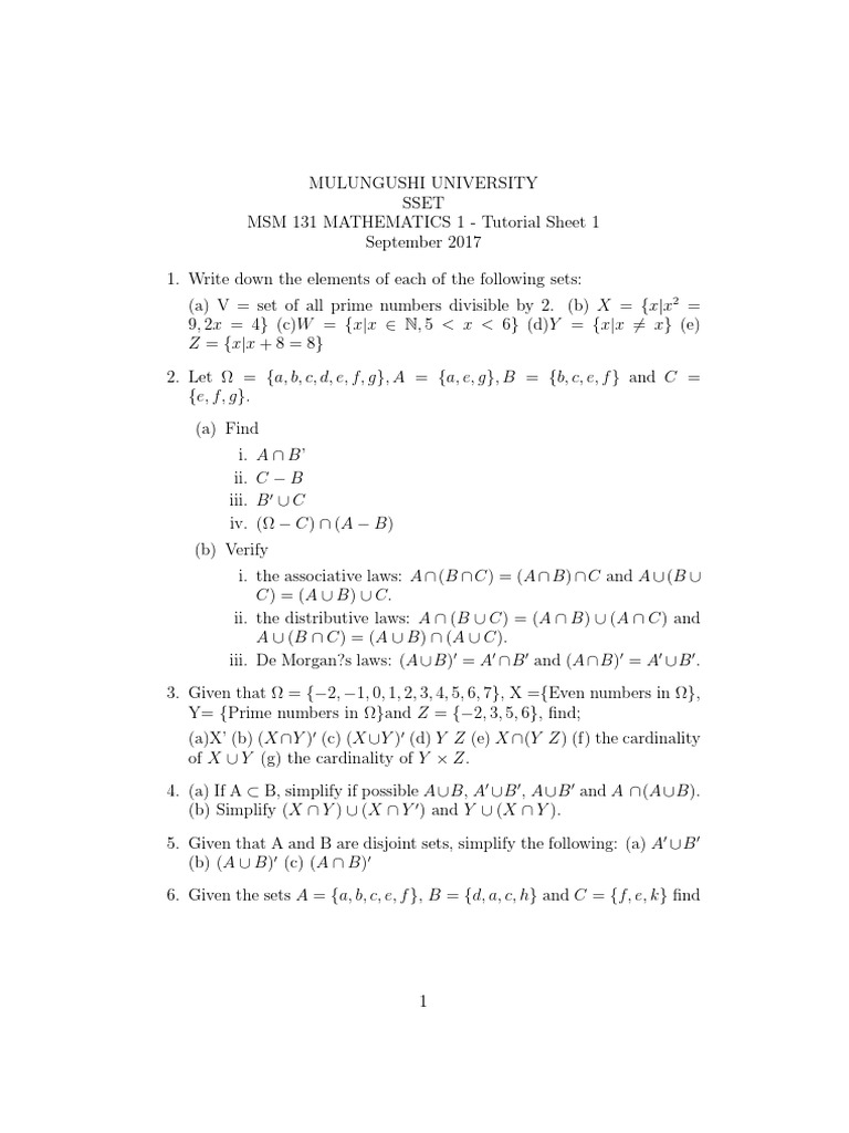 Mathematics Tutorial Worksheet Covering Sets, Operations on Sets, and ...