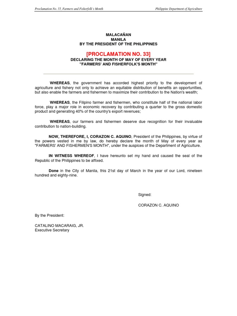 (Proclamation No. 33) : Proclamation No. 33, Farmers and Fisherfolk's ...