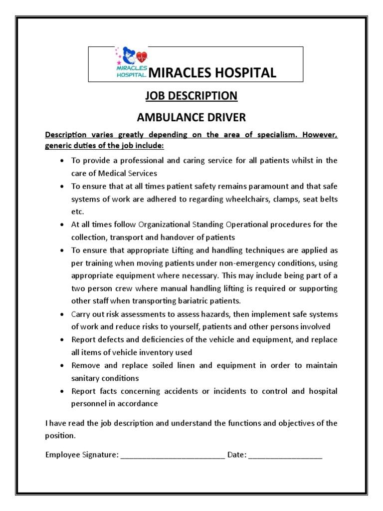 Miracles Hospital: Job Description Ambulance Driver | PDF
