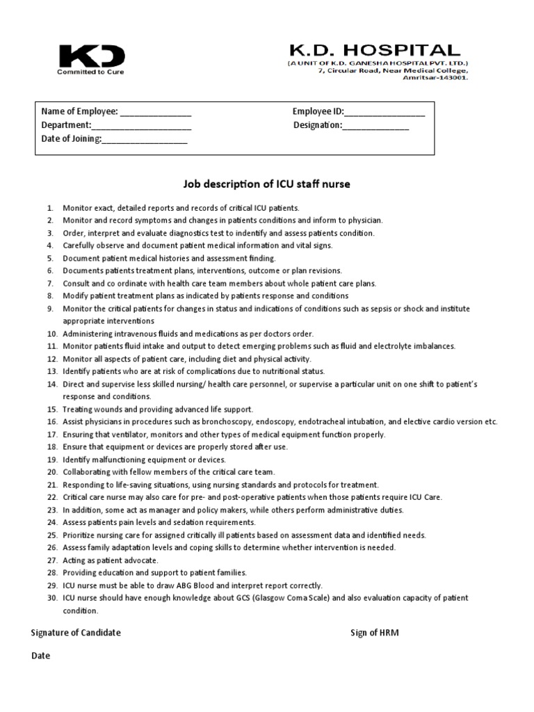 Job Description of ICU Staff Nurse | PDF | Intensive Care Unit ...