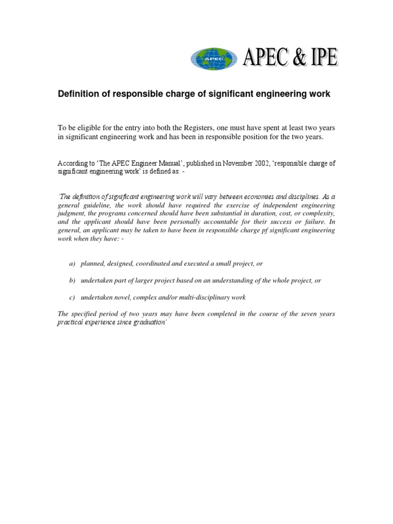Definition of Responsible Charge of Significant Engineering Work | PDF