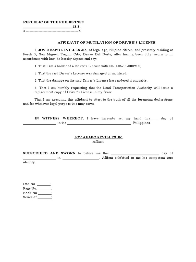 Affidavit of Mutilated Driver's License | PDF
