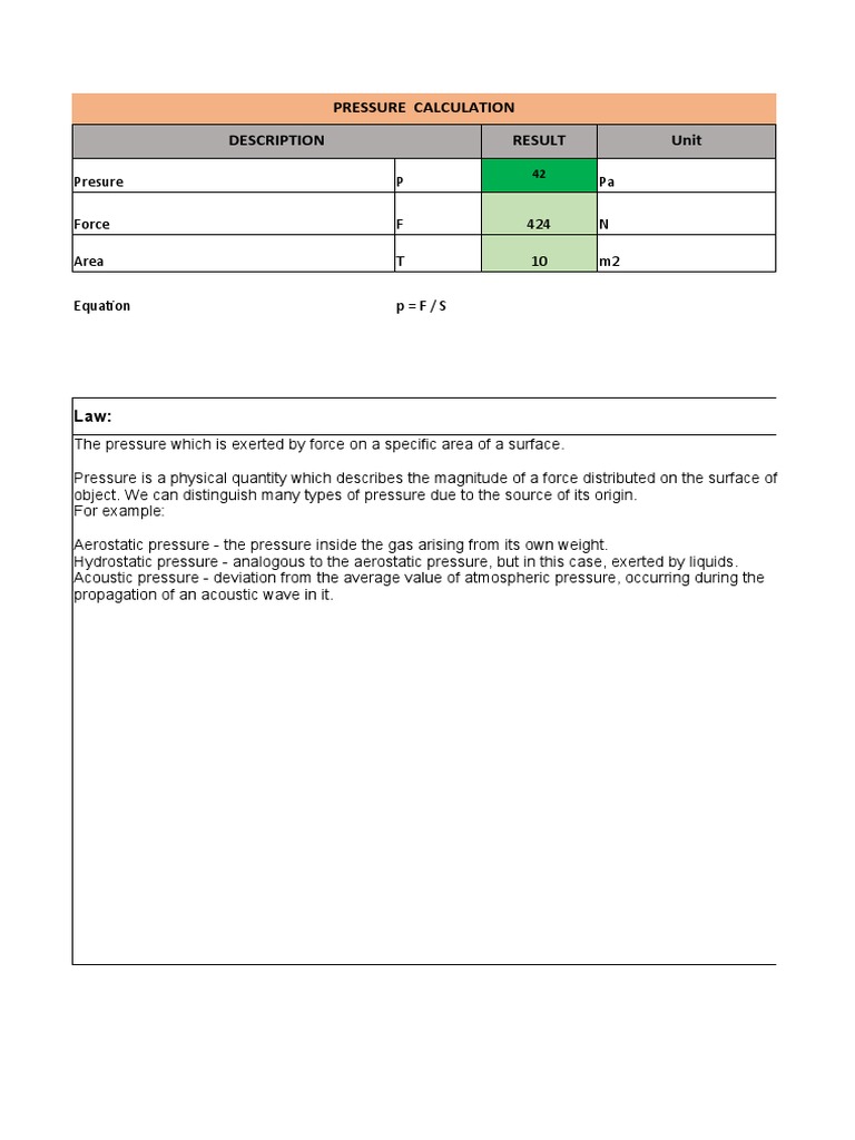 Pressure Calculation Description Result Unit | PDF