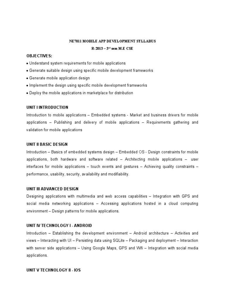 Ne7011 Mobile App Development Syllabus | PDF | Mobile App | Ios