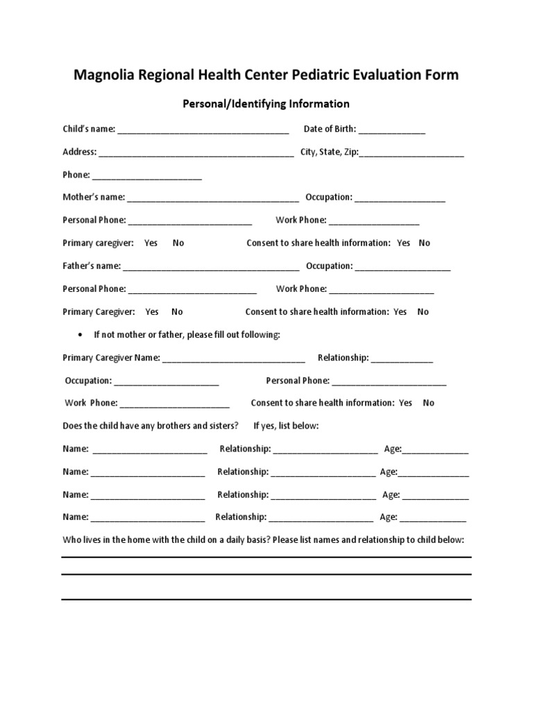 Magnolia Regional Health Center Pediatric Evaluation Form: Personal ...
