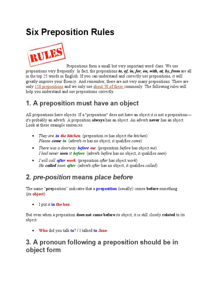 Six Preposition Rules: 1. A Preposition Must Have An Object | PDF | Preposition And Postposition ...
