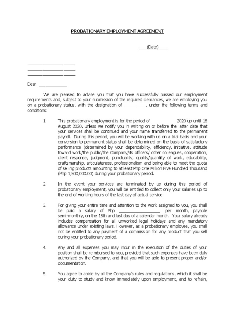 Probationary Employment Template | PDF | Payroll | Employment