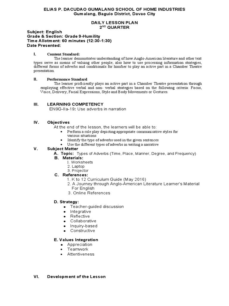 English Lesson Plan-COT2nd | Download Free PDF | Adverb | Lesson Plan