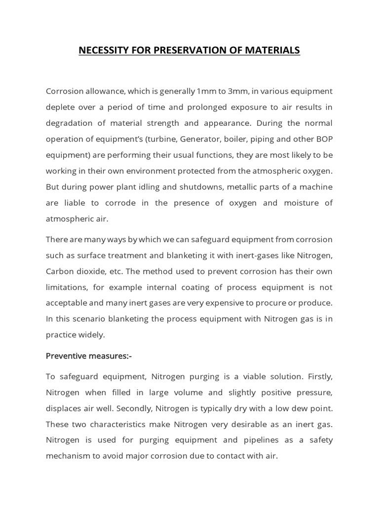 Preservation Procedure For Material Under Stand Still | PDF | Nitrogen ...
