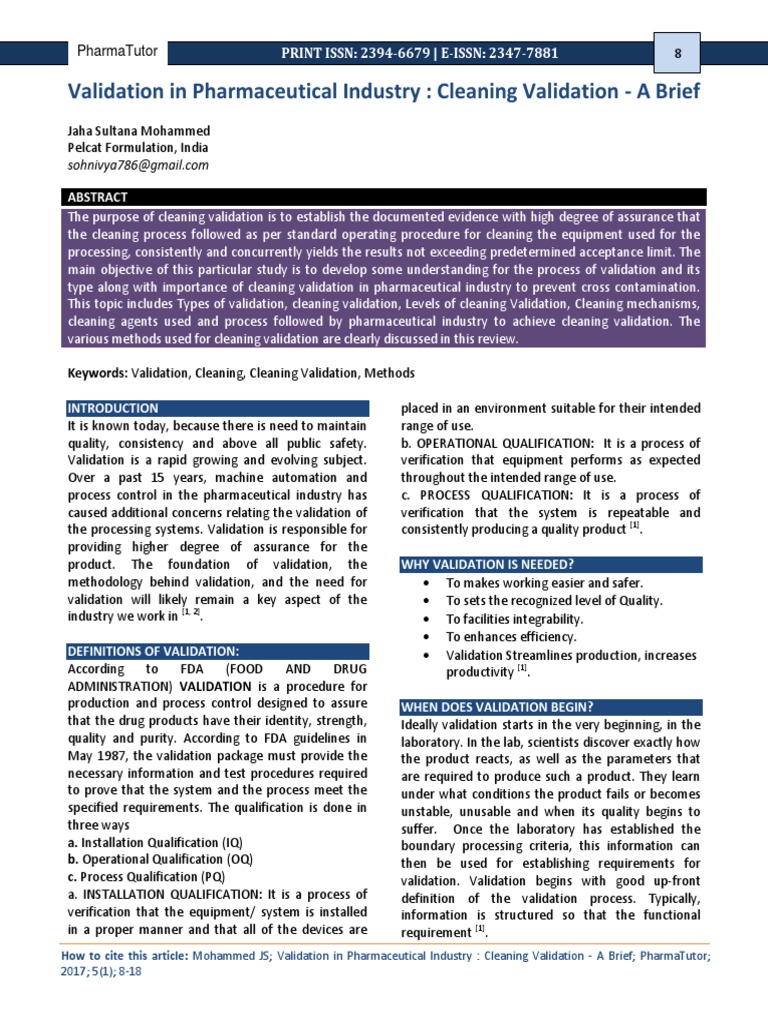 Validation in Pharmaceutical Industry: Cleaning Validation - A Brief ...