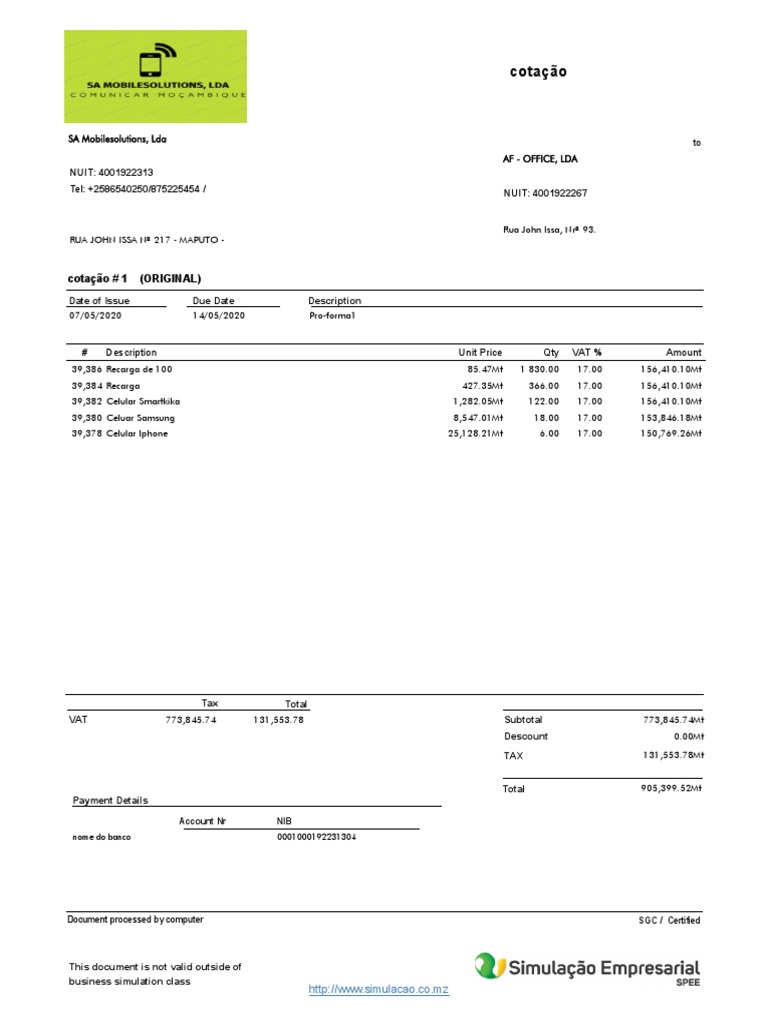 ProForma - 1.pdf AF OFFICE, LDa Mercd | PDF | Payments | Taxes