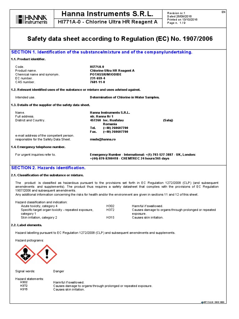 Hanna Instruments S.R.L.: Safety Data Sheet According To Regulation (EC ...